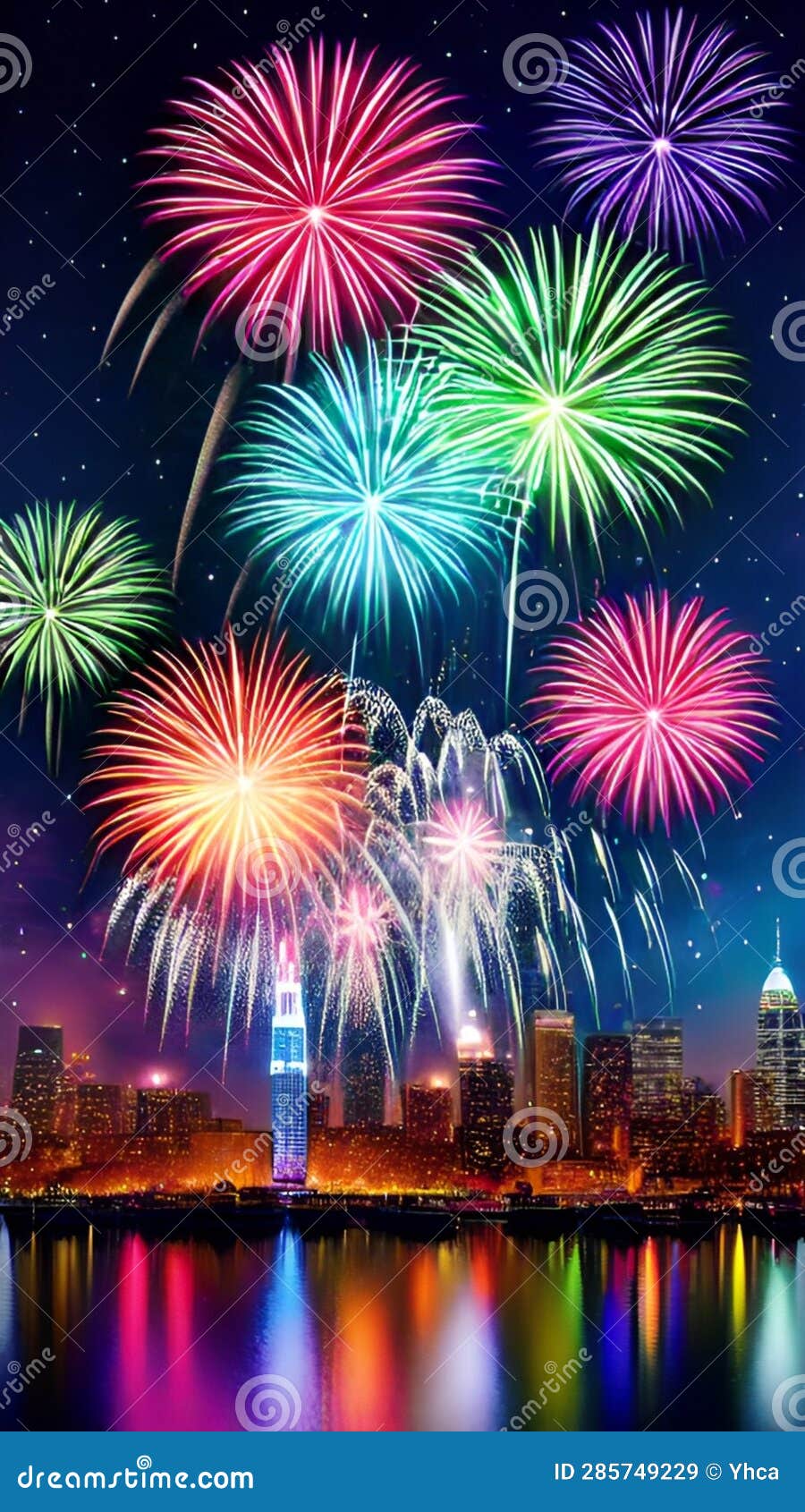 Colorful Fireworks Exploding in the Night Sky Over a City Illustration ...