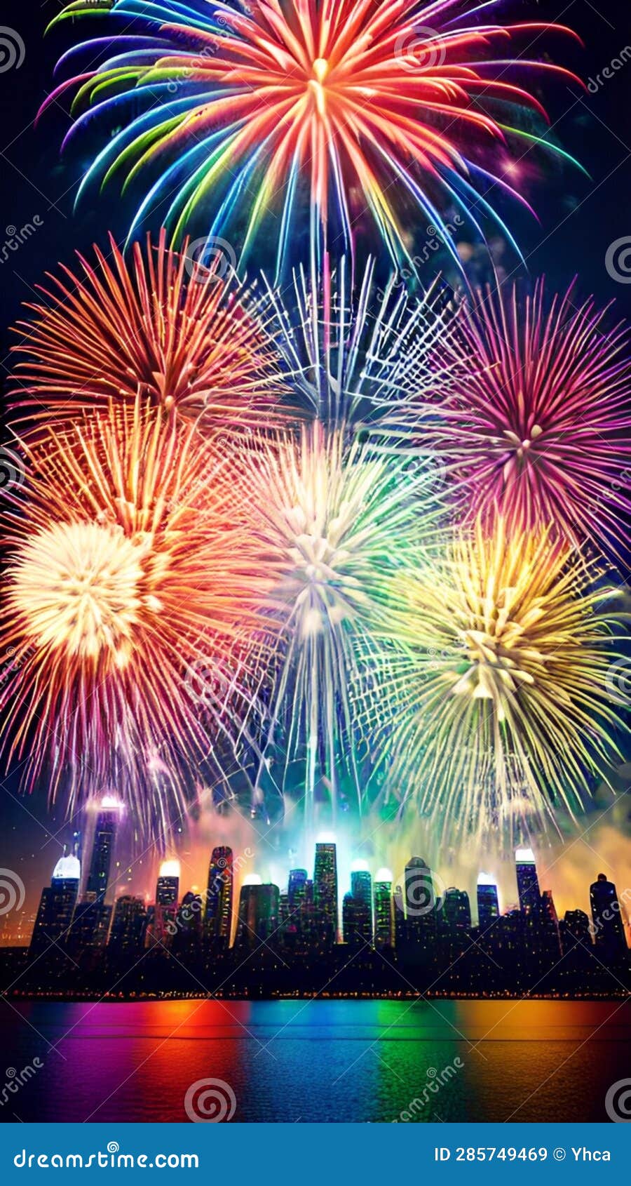 Colorful Fireworks Exploding in the Night Sky Over a City Illustration ...