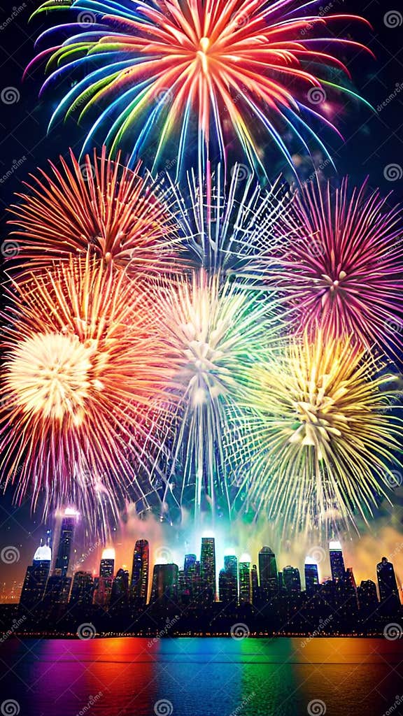 Colorful Fireworks Exploding in the Night Sky Over a City Illustration ...