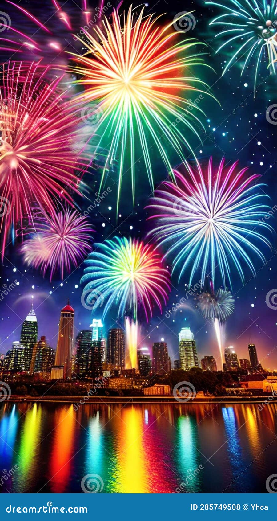 Colorful Fireworks Exploding in the Night Sky Over a City Illustration ...