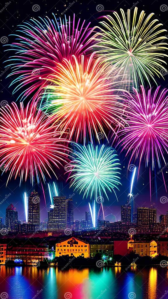 Colorful Fireworks Exploding in the Night Sky Over a City Illustration ...
