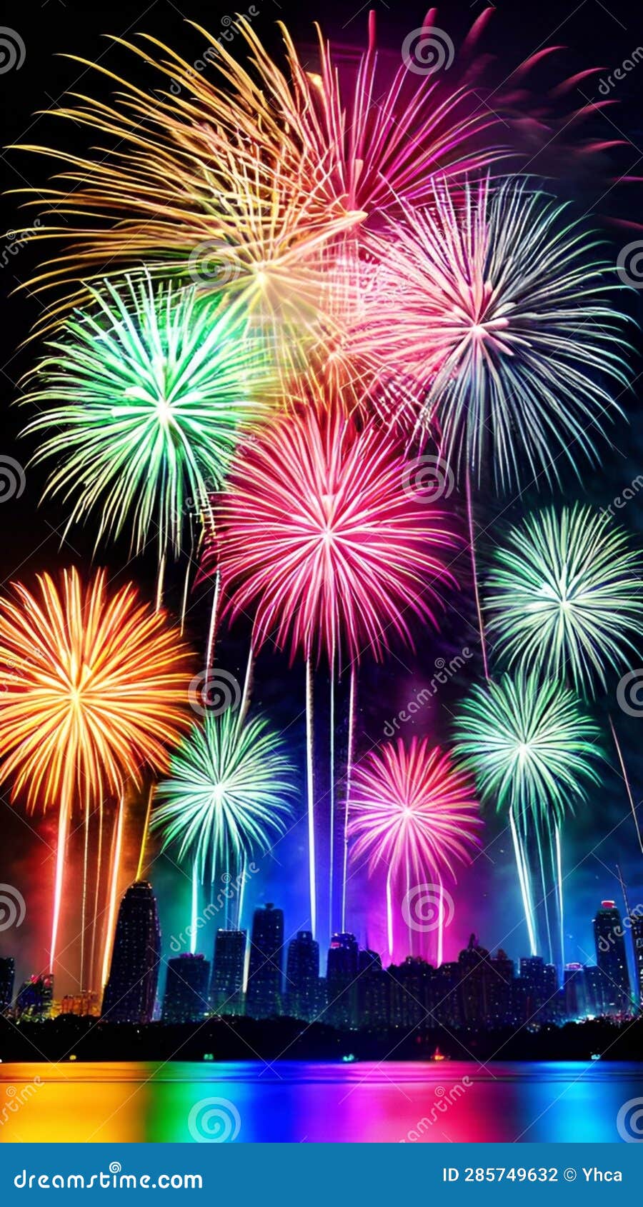 Colorful Fireworks Exploding in the Night Sky Over a City Illustration Artificial Intelligence ...