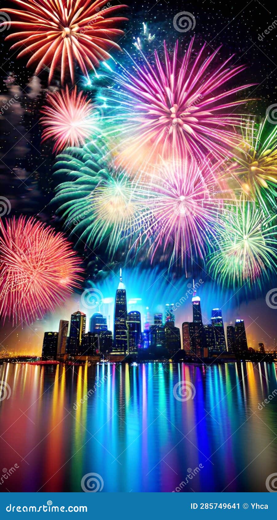 Colorful Fireworks Exploding in the Night Sky Over a City Illustration ...
