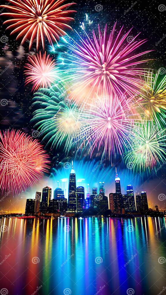 Colorful Fireworks Exploding in the Night Sky Over a City Illustration ...