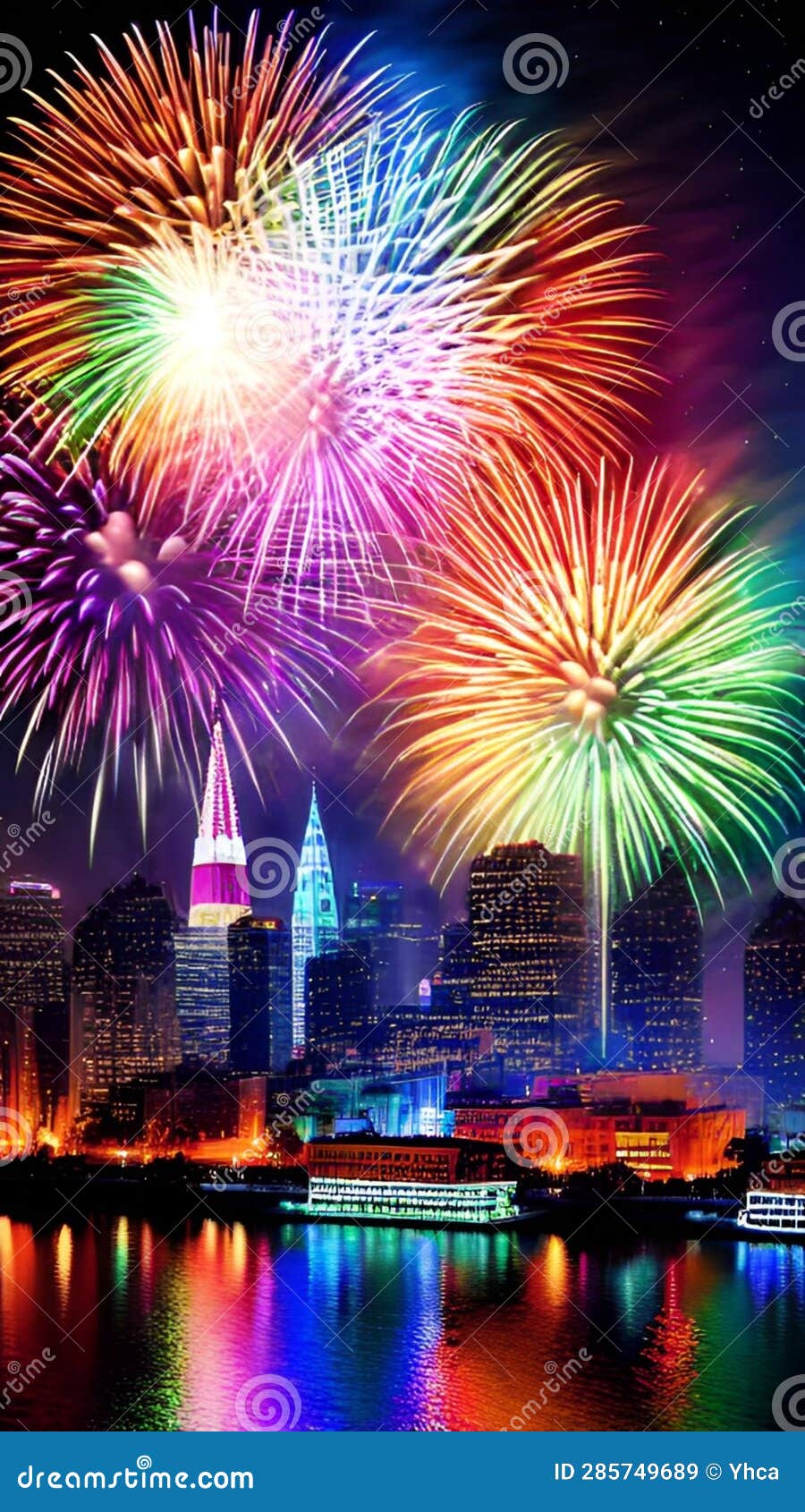 Colorful Fireworks Exploding in the Night Sky Over a City Illustration ...