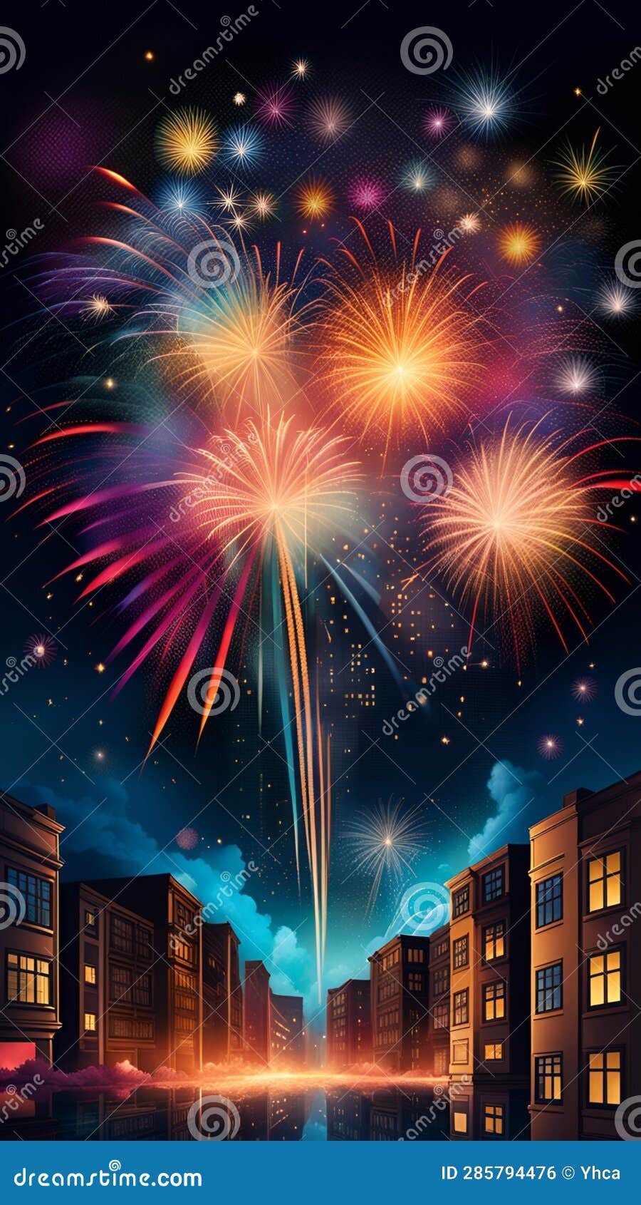 Colorful Fireworks Exploding in the Night Sky Over a City Illustration ...