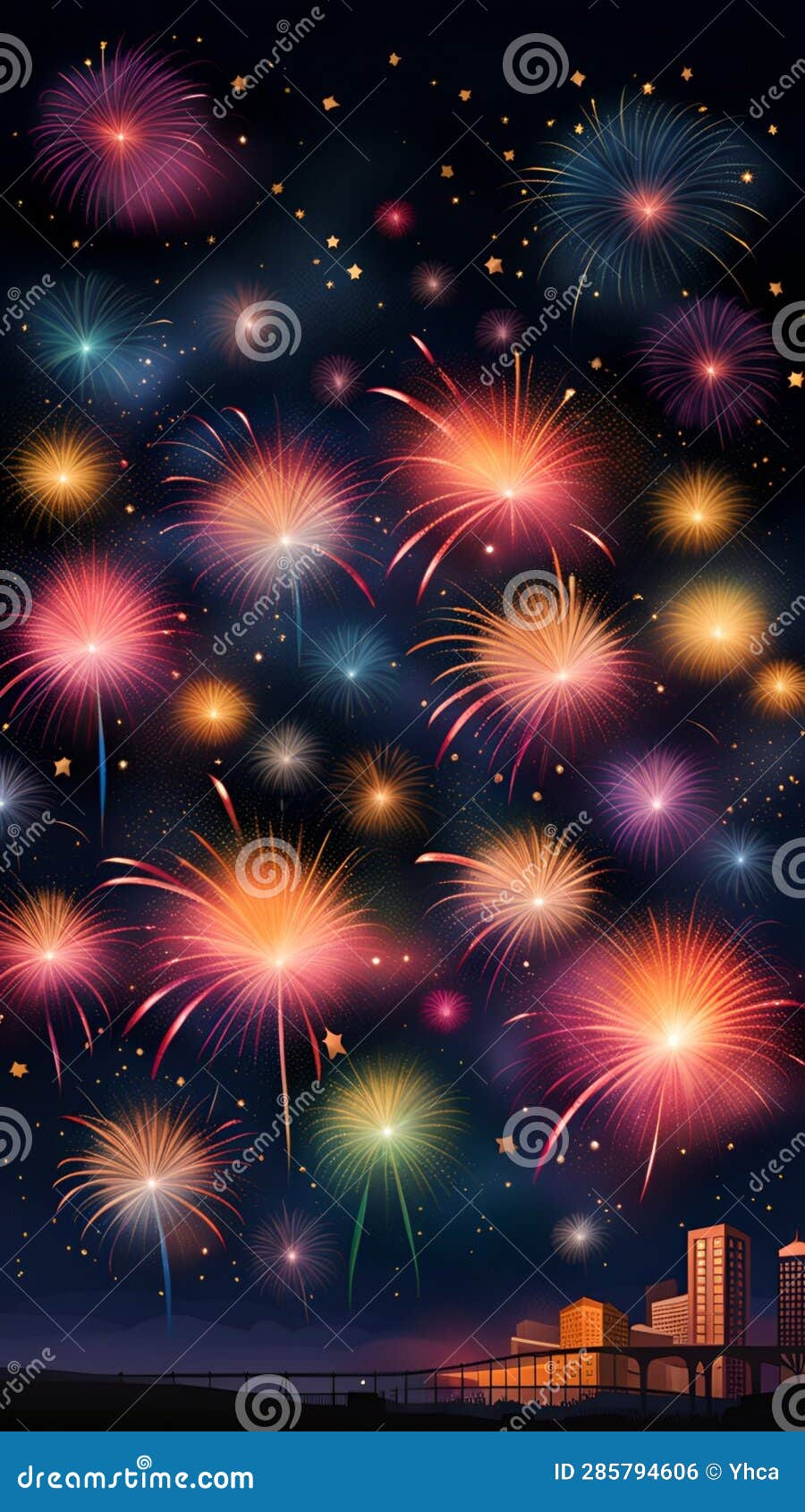 Colorful Fireworks Exploding in the Night Sky Over a City Illustration ...