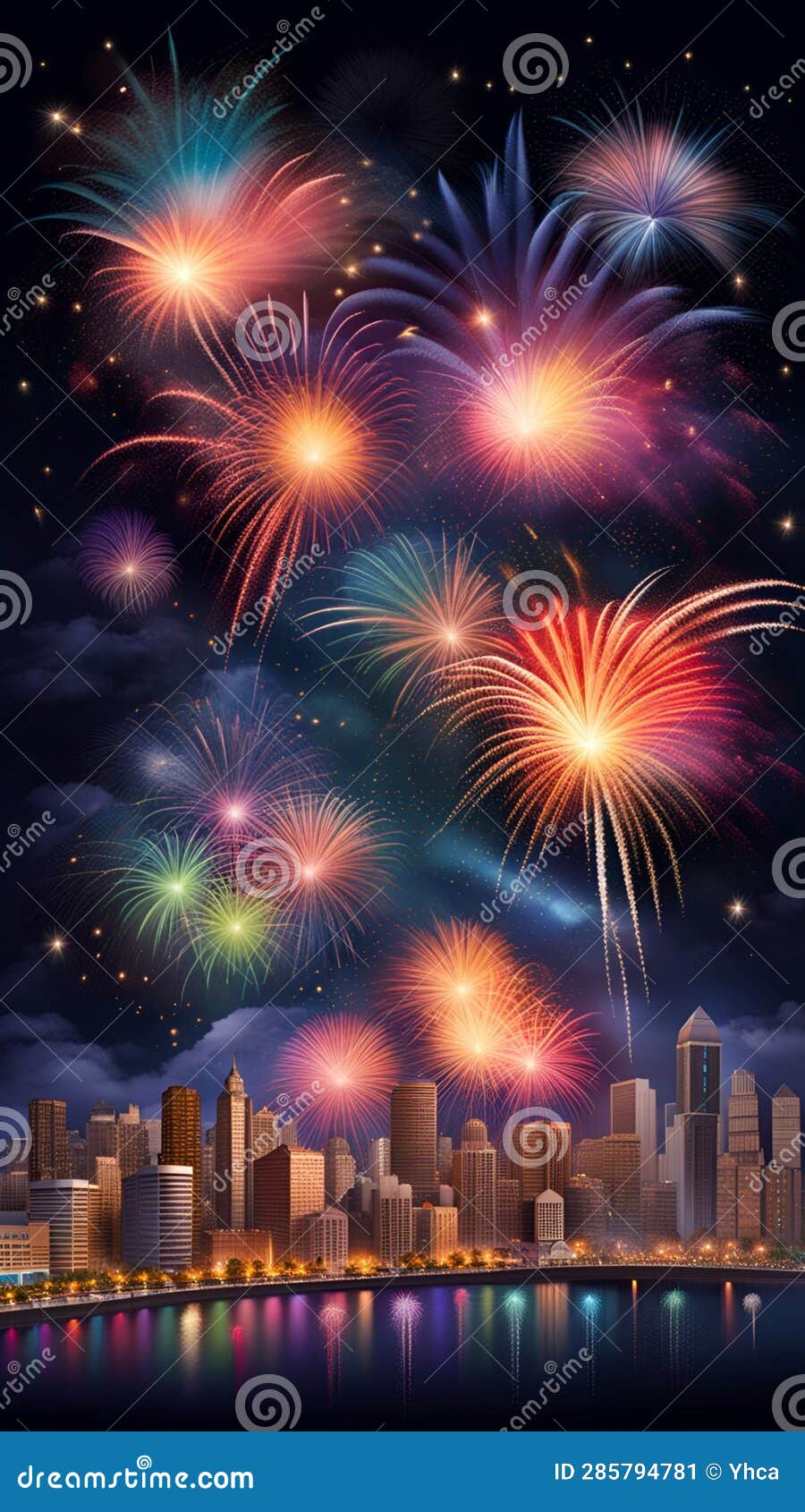 Colorful Fireworks Exploding in the Night Sky Over a City Illustration ...