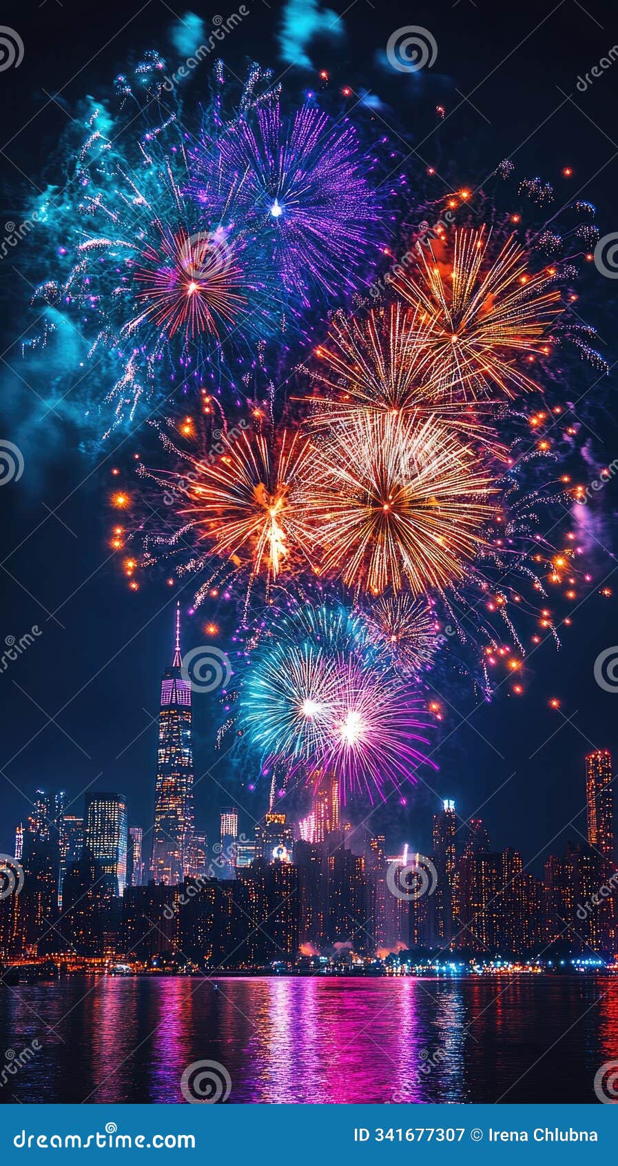 Colorful Fireworks Exploding Over the Toronto City Skyline at Night ...