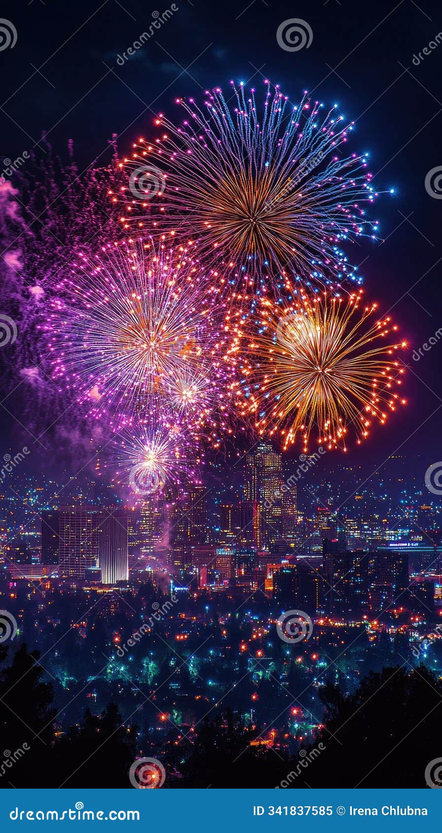 Colorful Fireworks Exploding Over the Toronto City Skyline at Night ...