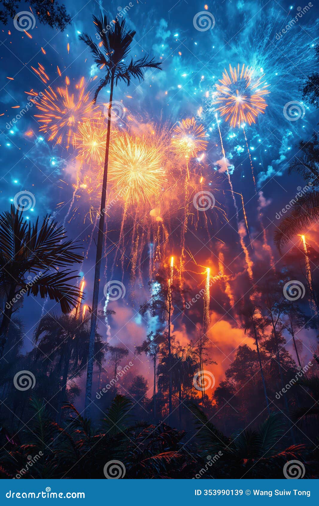 Colorful Fireworks Exploding Over Tropical Rainforest at Night Stock ...