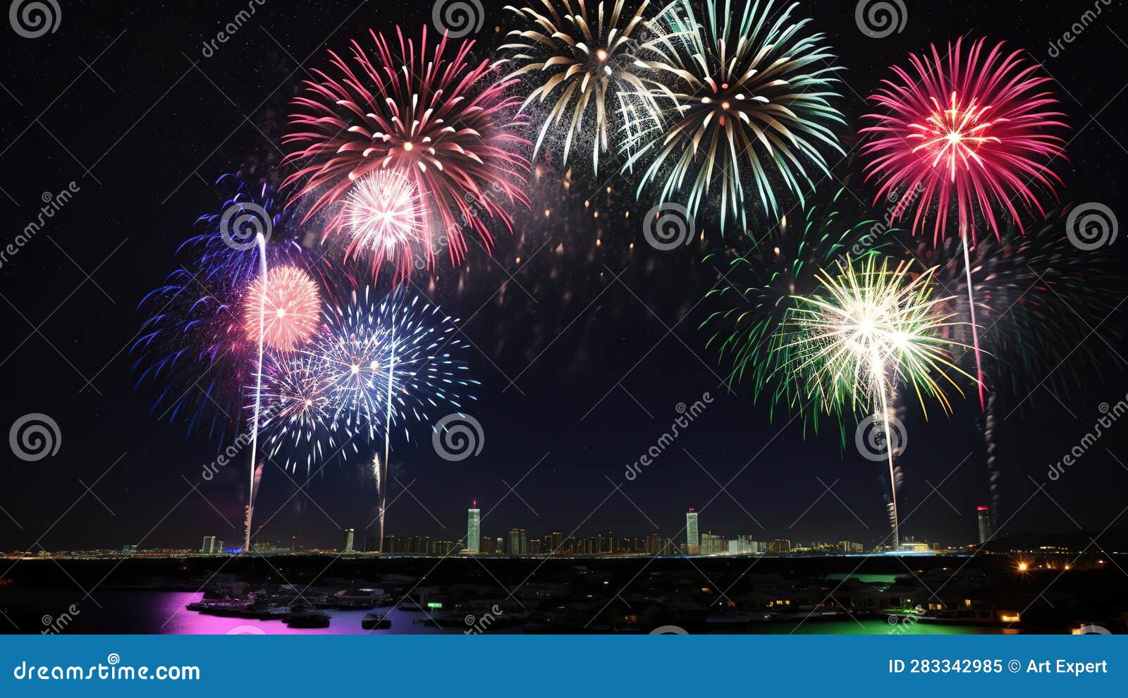 Colorful Fireworks in the Night Sky Stock Illustration - Illustration ...