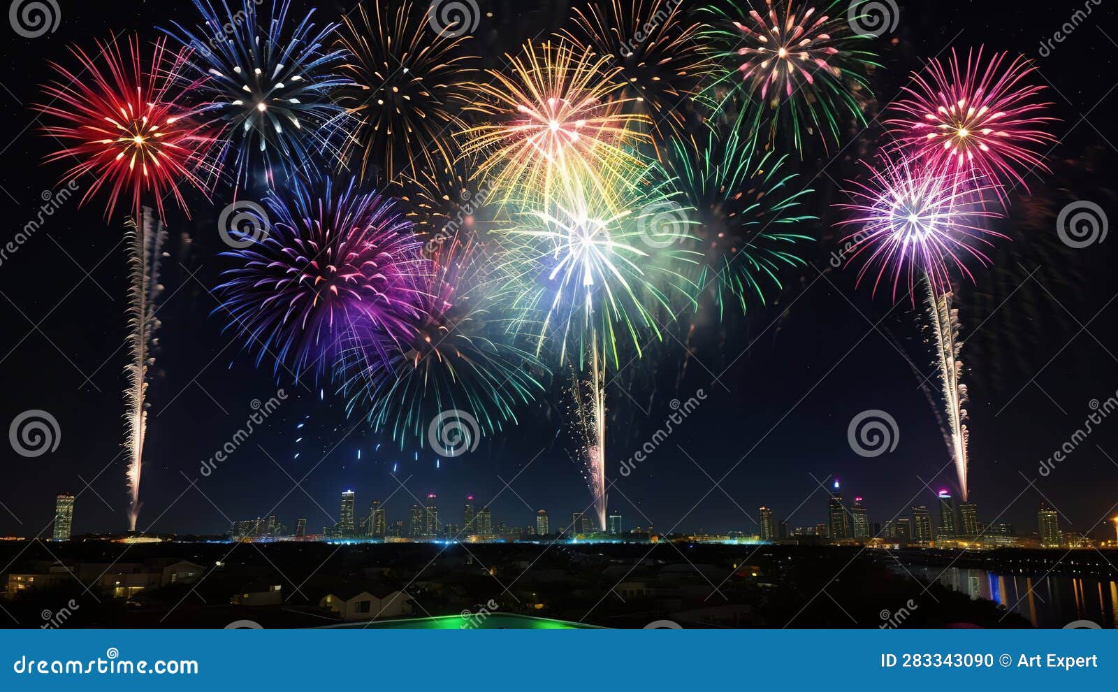 Colorful Fireworks in the Night Sky Stock Illustration - Illustration ...