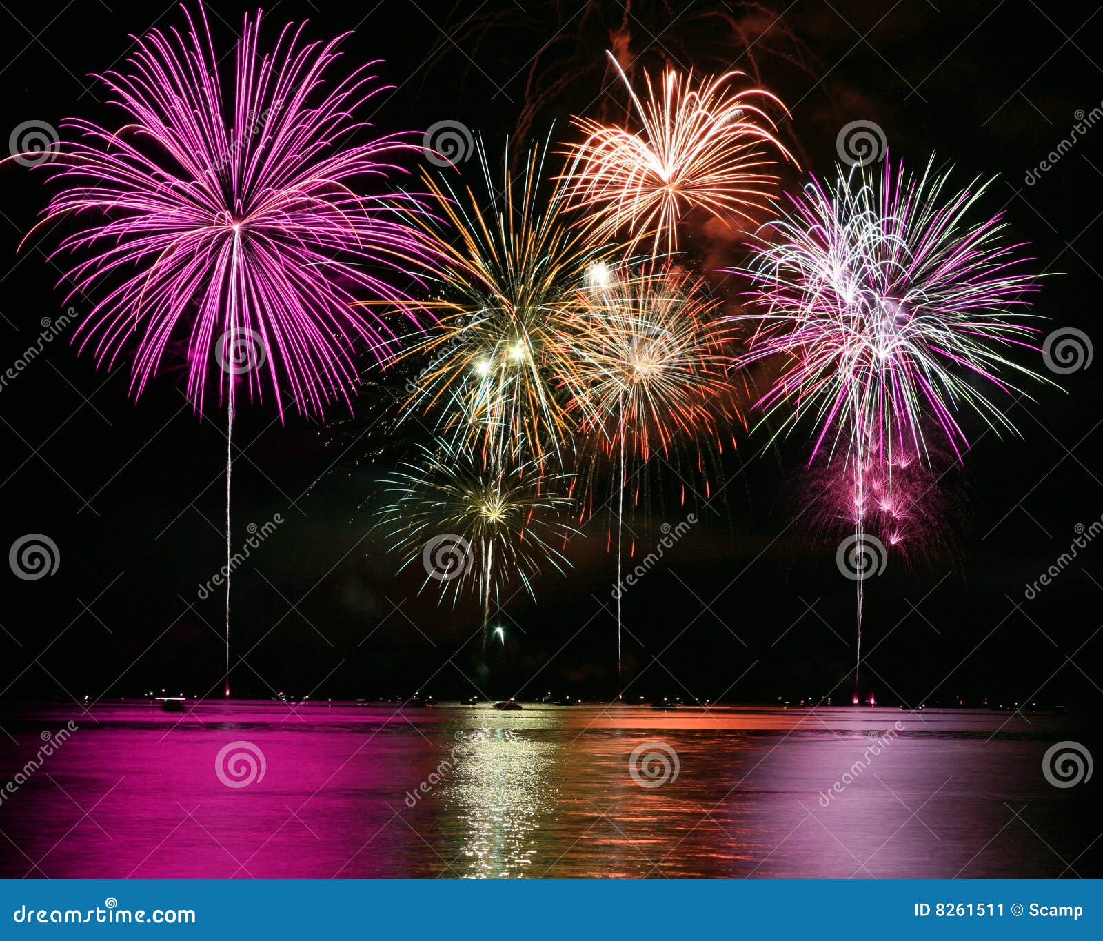 Colorful Fireworks Over Lake Stock Image - Image of black, festival ...