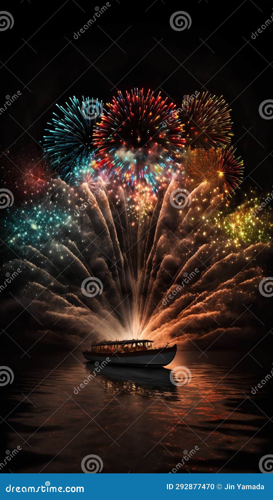 Colorful Fireworks Over Water with Boat in the Foreground, Collage ...
