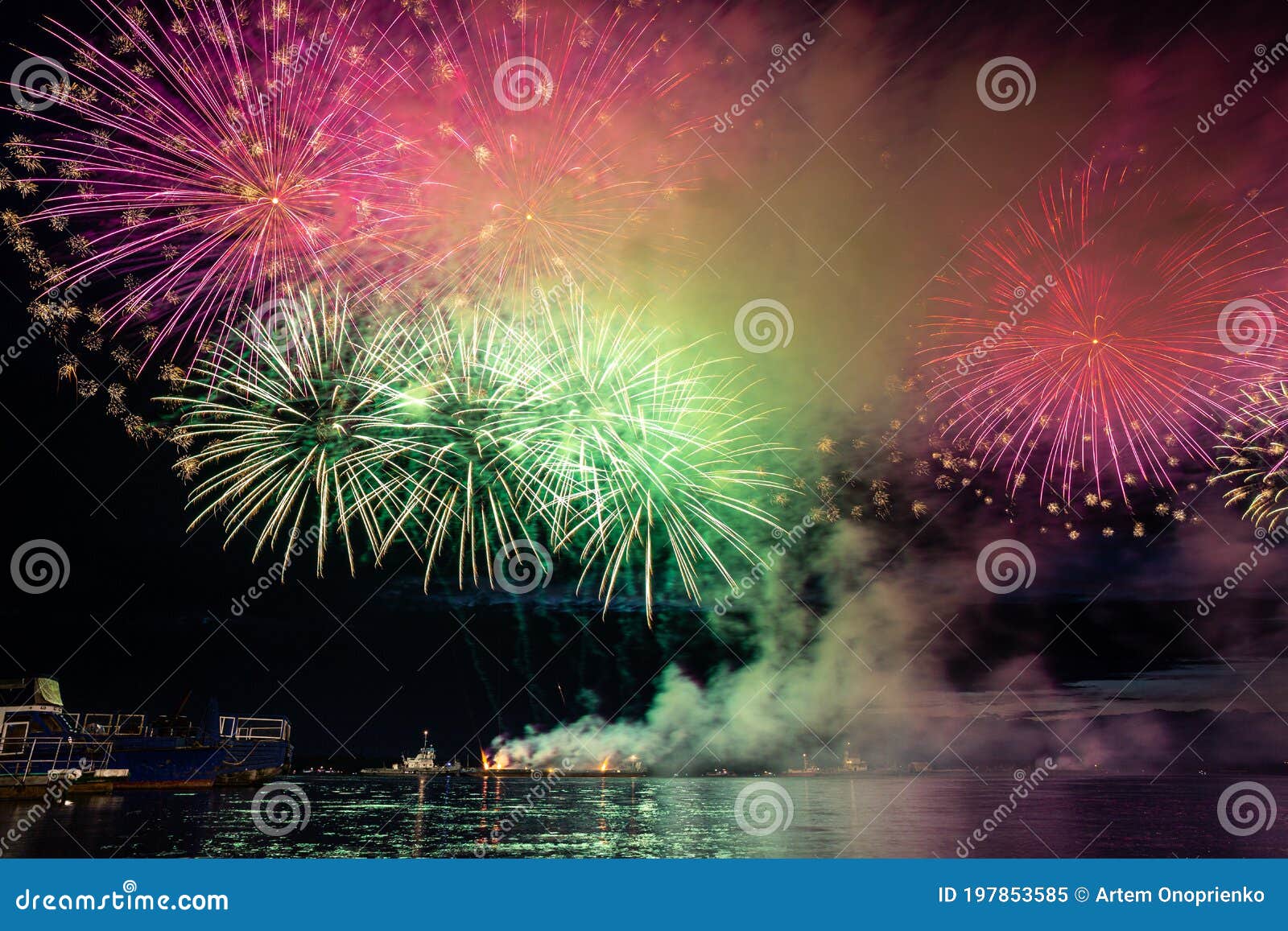 Colorful Fireworks Reflect from Water, Beautiful Scenery Stock Image ...