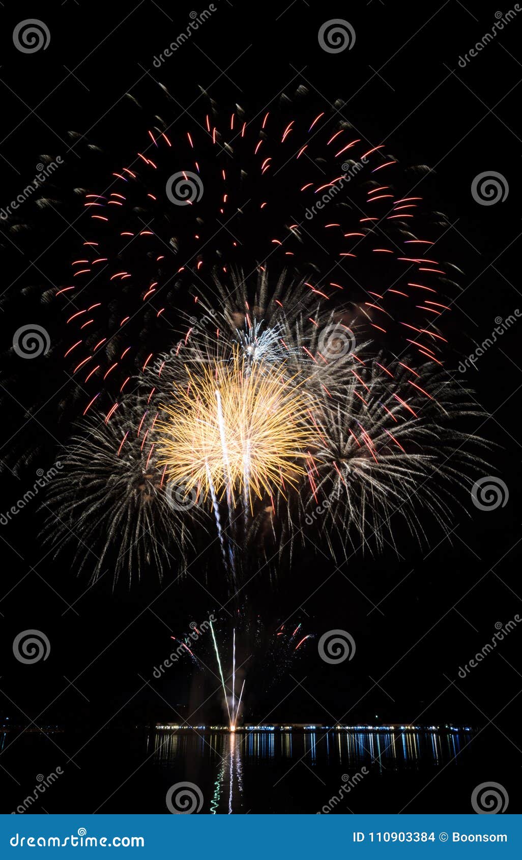 Colorful Fireworks with Reflection on Lake Stock Photo - Image of night ...