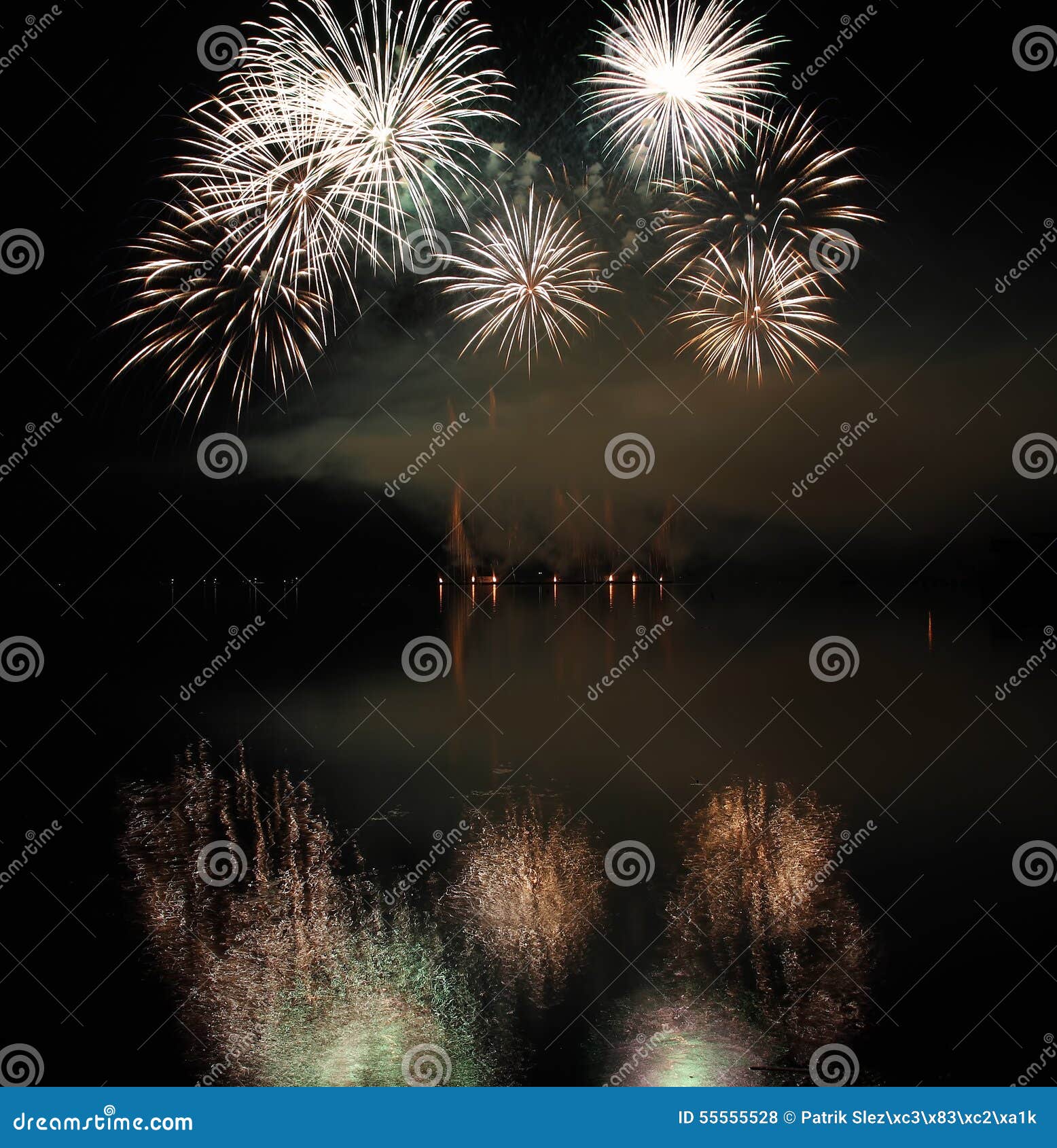 Colorful Fireworks with Reflection on Lake. Stock Photo - Image of ...