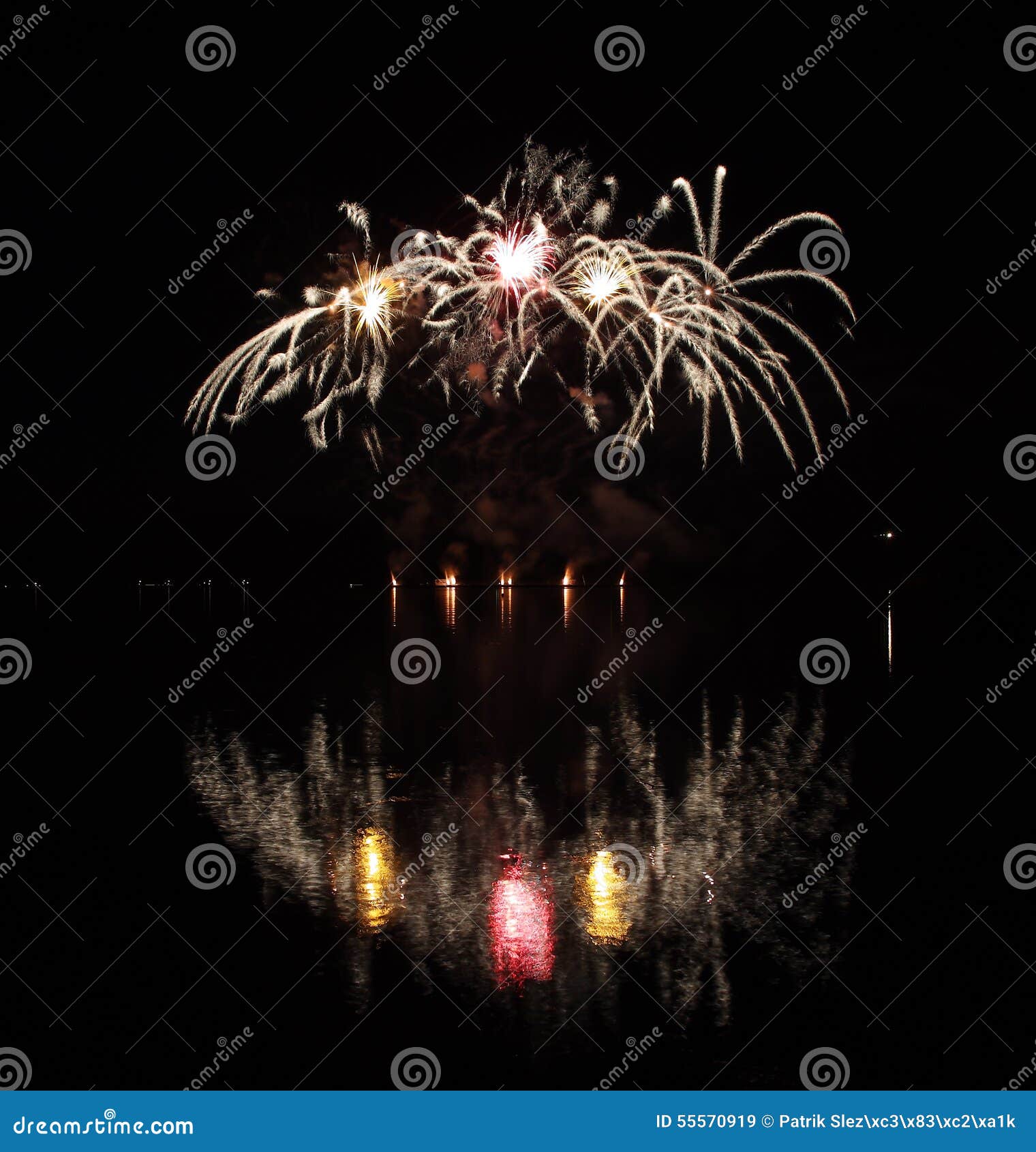 Colorful Fireworks with Reflection on Lake. Stock Image - Image of ...