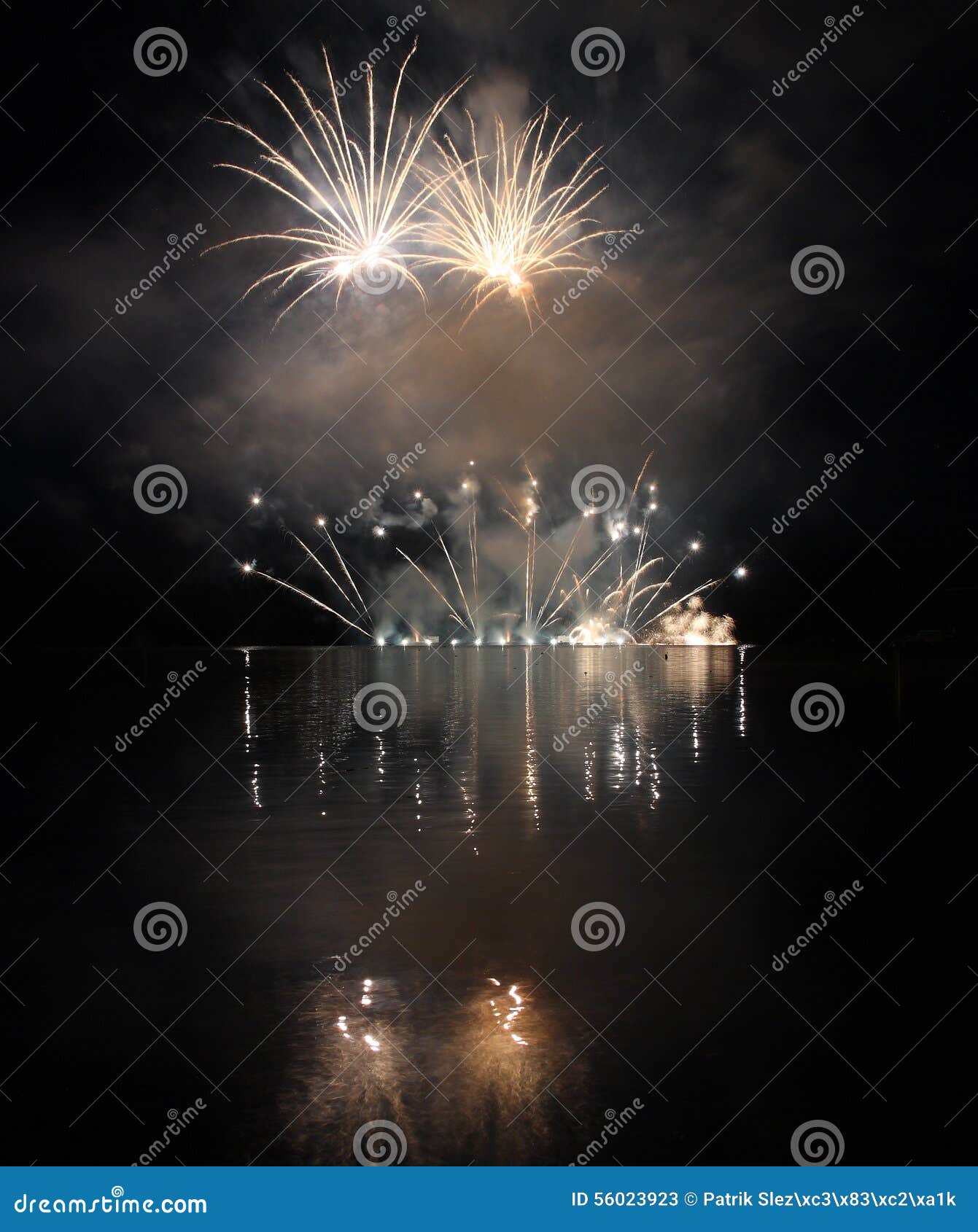 Colorful Fireworks with Reflection on Lake. Stock Image - Image of ...