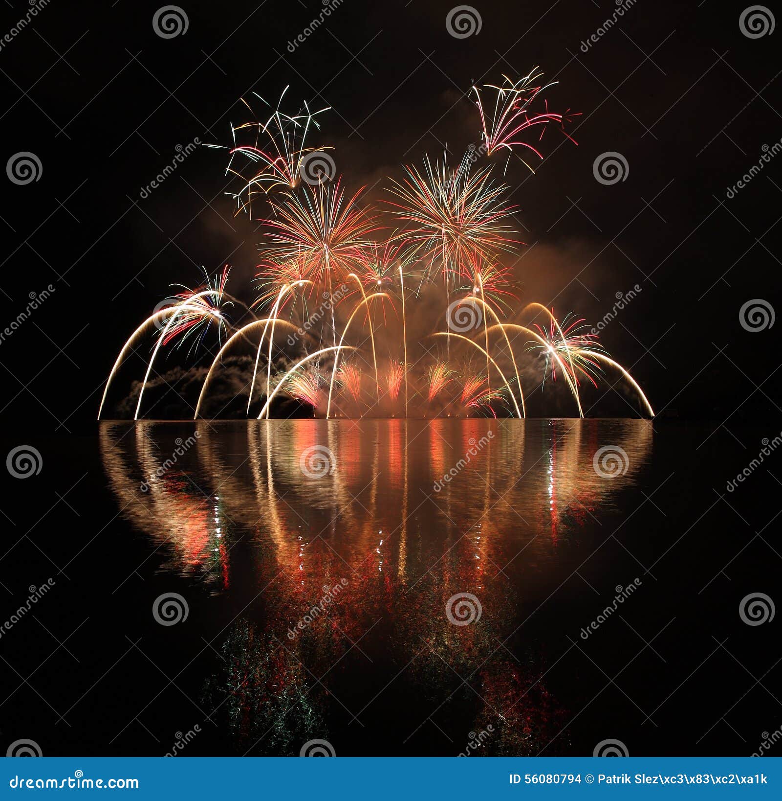Colorful Fireworks with Reflection on Lake. Stock Photo - Image of ...