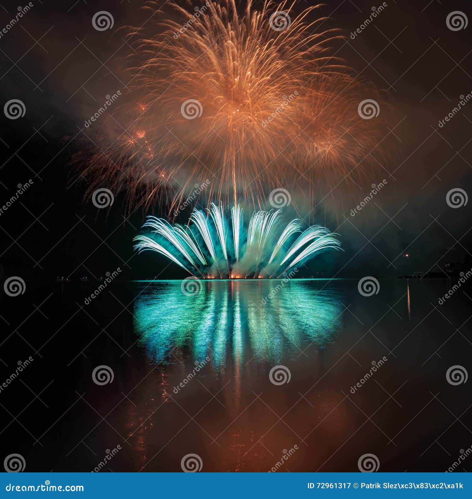 Colorful Fireworks with Reflection on Lake. Stock Image - Image of ...