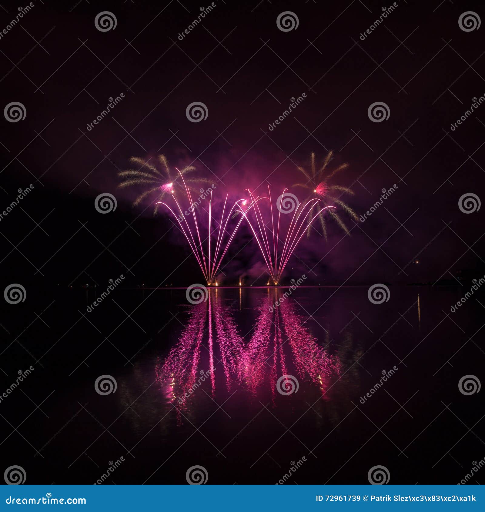 Colorful Fireworks with Reflection on Lake. Stock Image - Image of ...