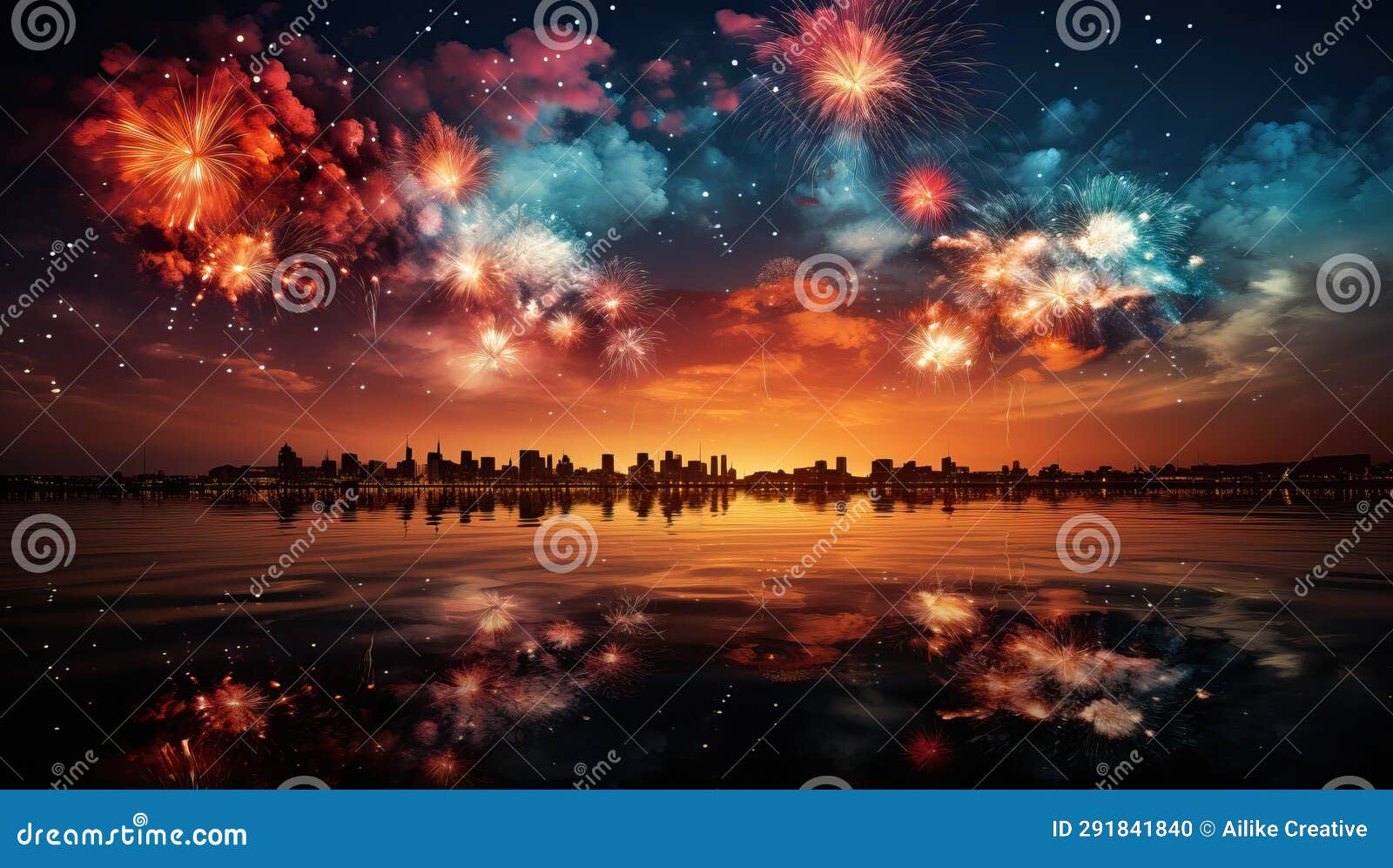 Colorful Fireworks with Reflection on Water and Cityscape at Night ...