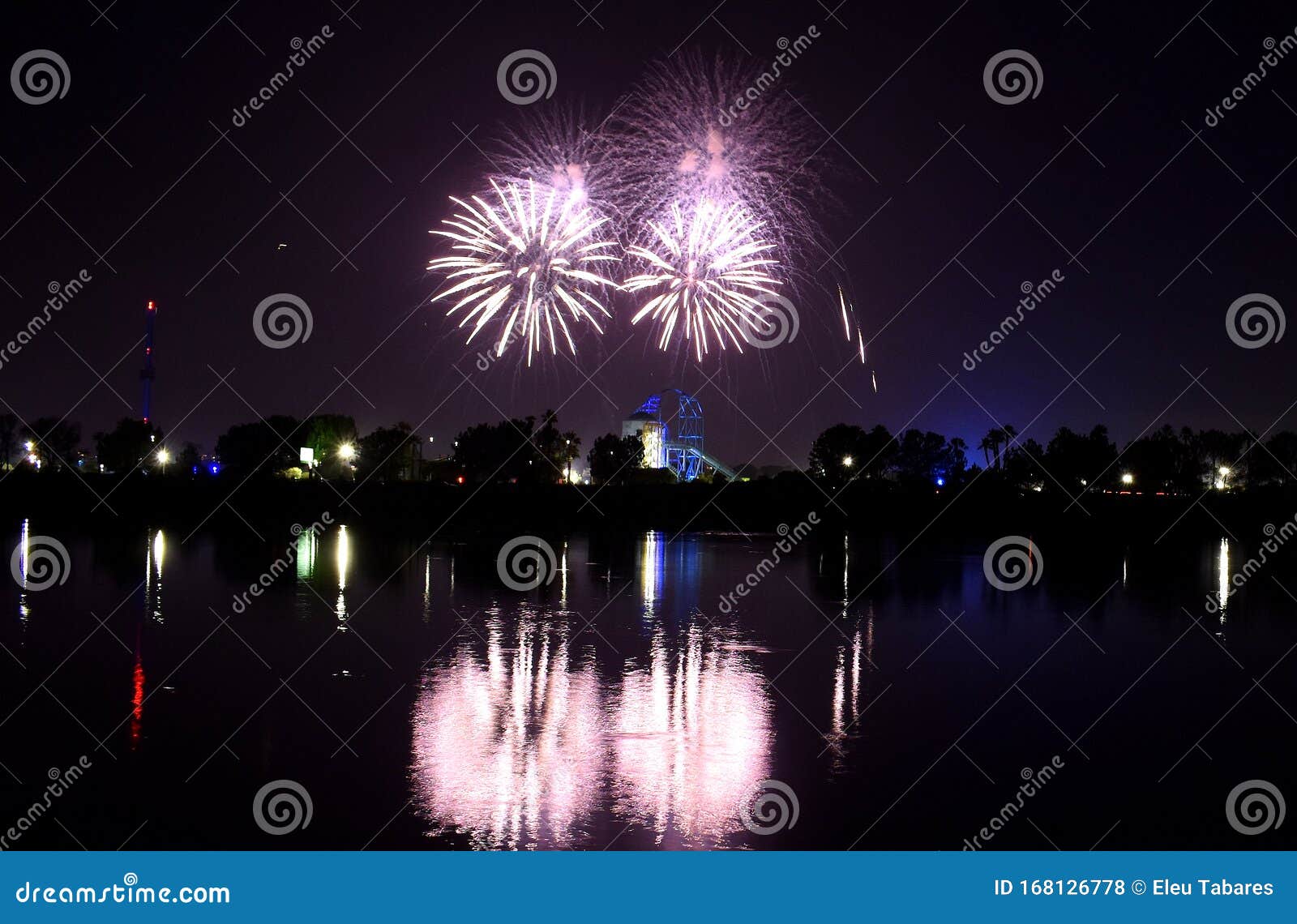 Colorful Fireworks with Reflections on Water Stock Photo - Image of ...