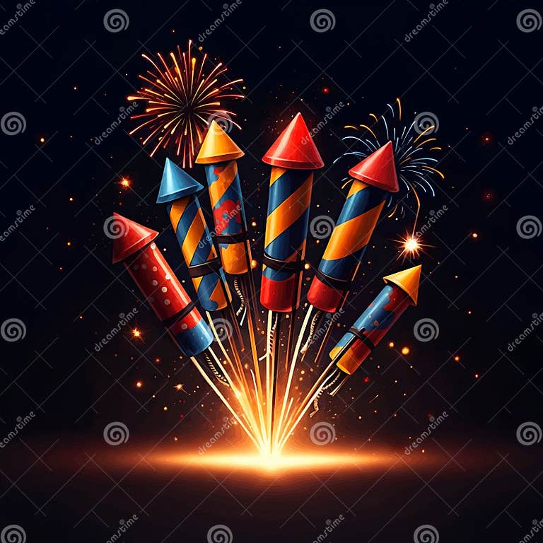 Colorful Fireworks Rockets Exploding in Dark Night Sky – AI-Generated ...