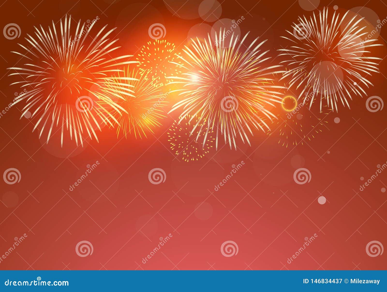 Colorful Fireworks Vector on Dark Red Background with Sparking Bokehs ...