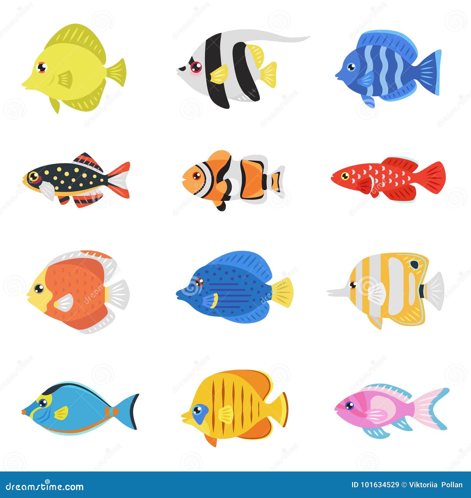 Colorful Fish Flat Style Vector Set. Stock Vector - Illustration of ...