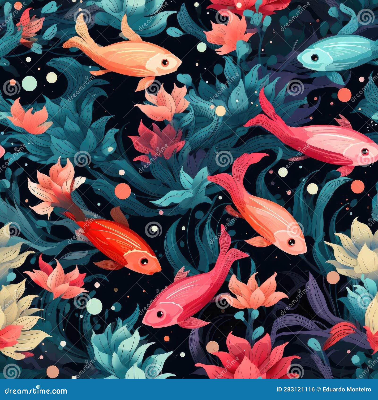 Colorful Fish Pattern on a Black Background (tiled) Stock Illustration ...