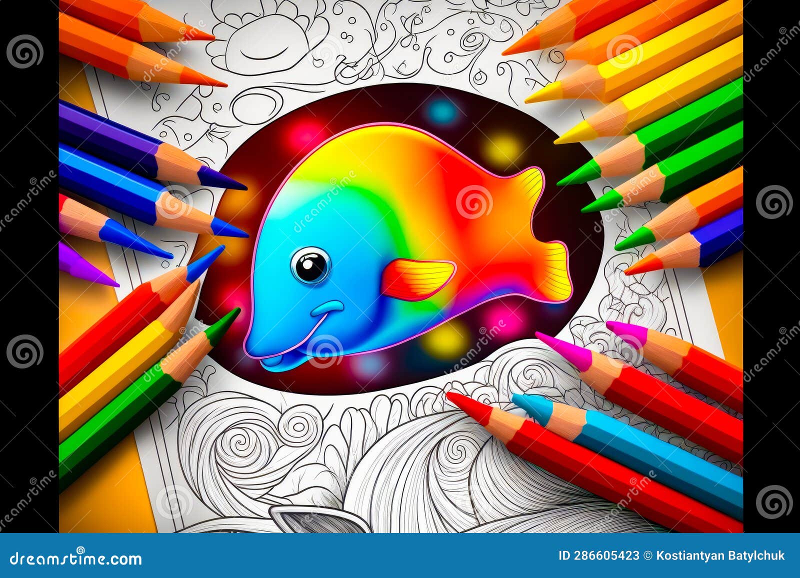 Colorful Fish Surrounded by Colored Pencils on Top of Coloring Page ...