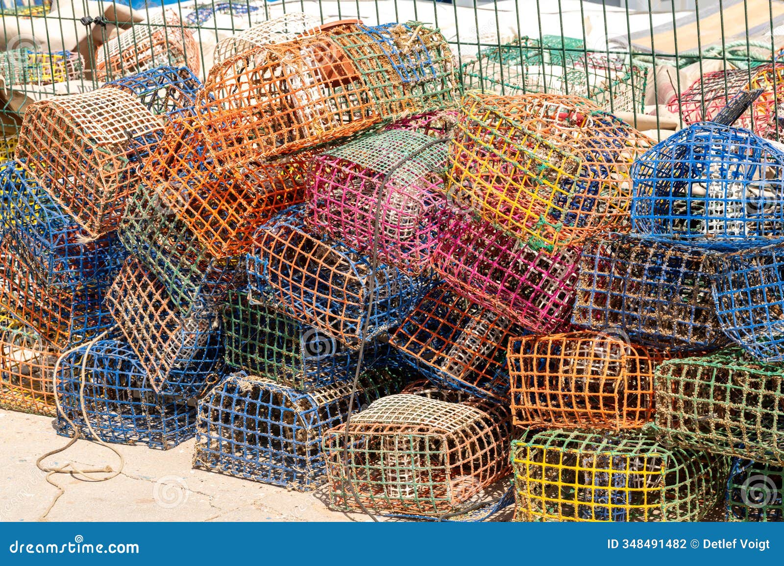 Colorful Fishing Traps Stacked on Harbor Area with Concrete Floor Stock ...