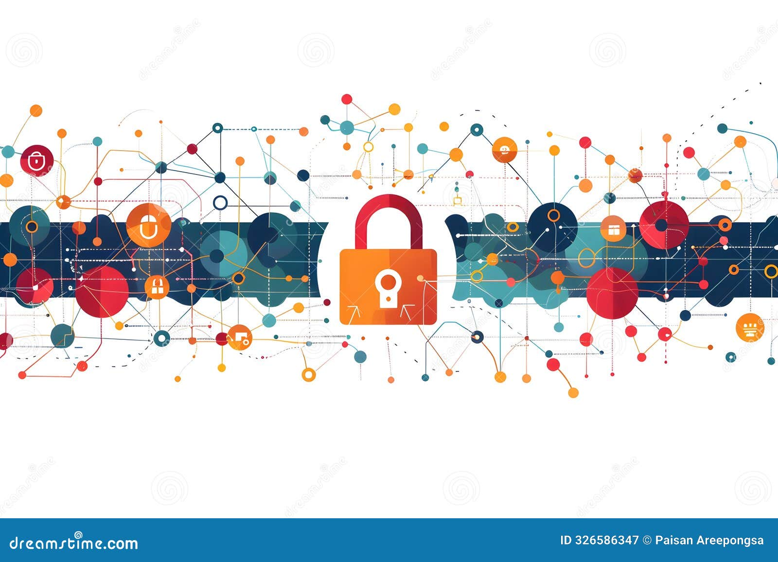 Flat Design Illustration of a Data Network with Security Connections ...