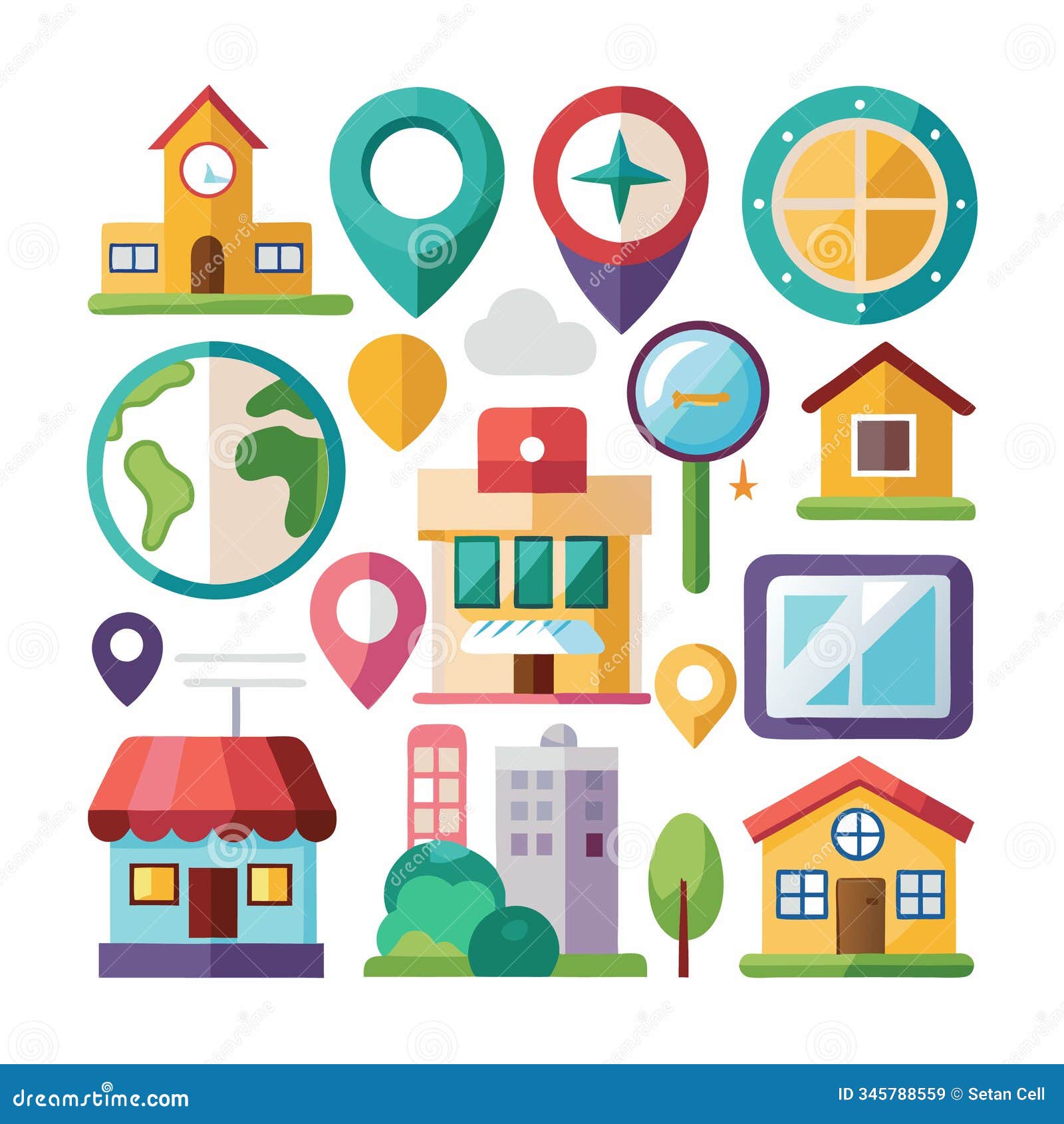 Colorful Flat Icons of Buildings, Locations & Navigation Stock Vector ...