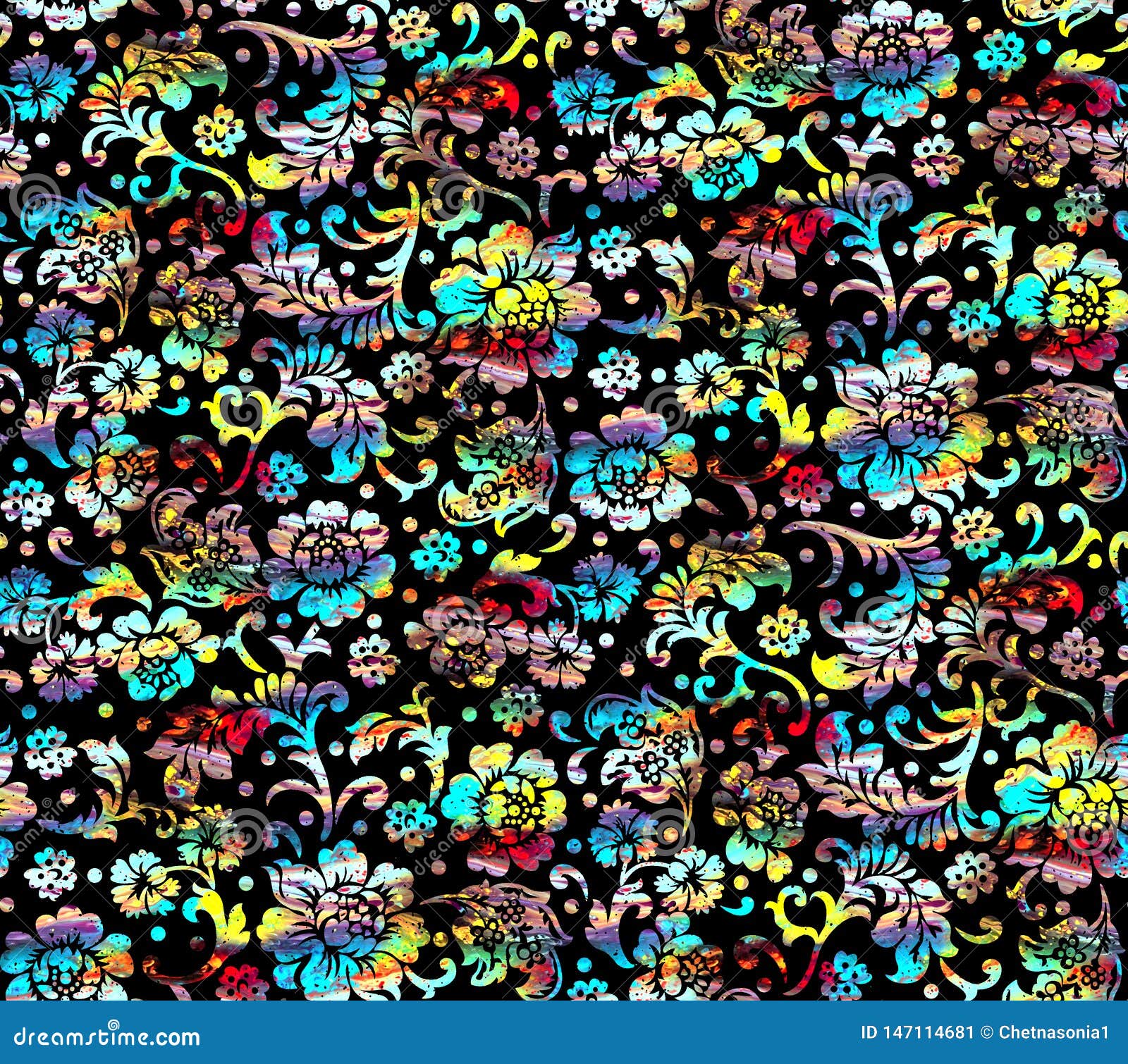 Colorful Floral Black Background Seamless Pattern Stock Illustration ...