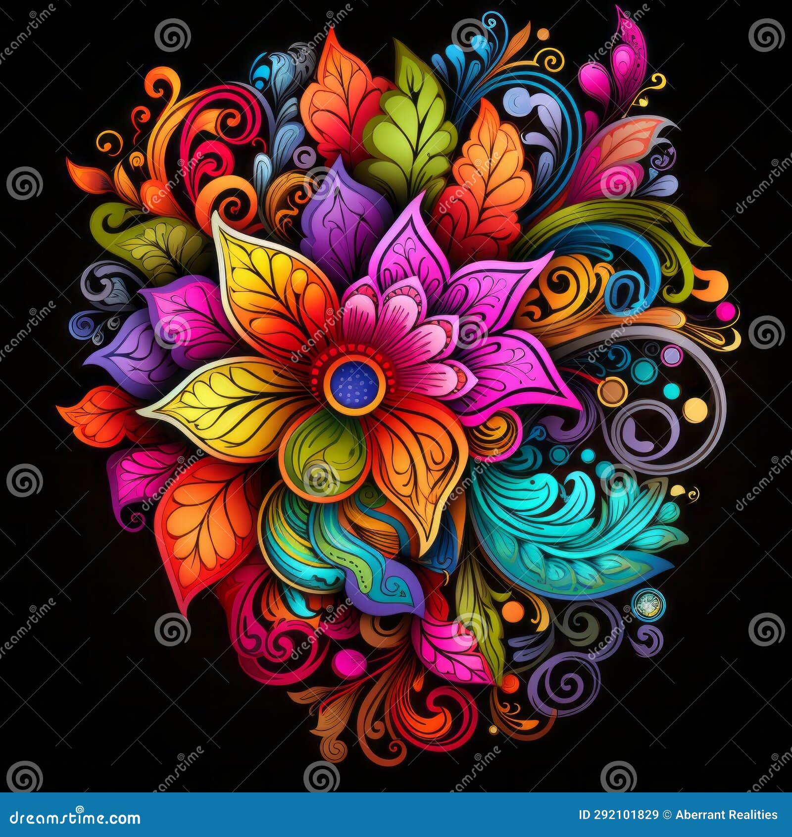 Colorful Floral Design on Black Background Stock Illustration ...