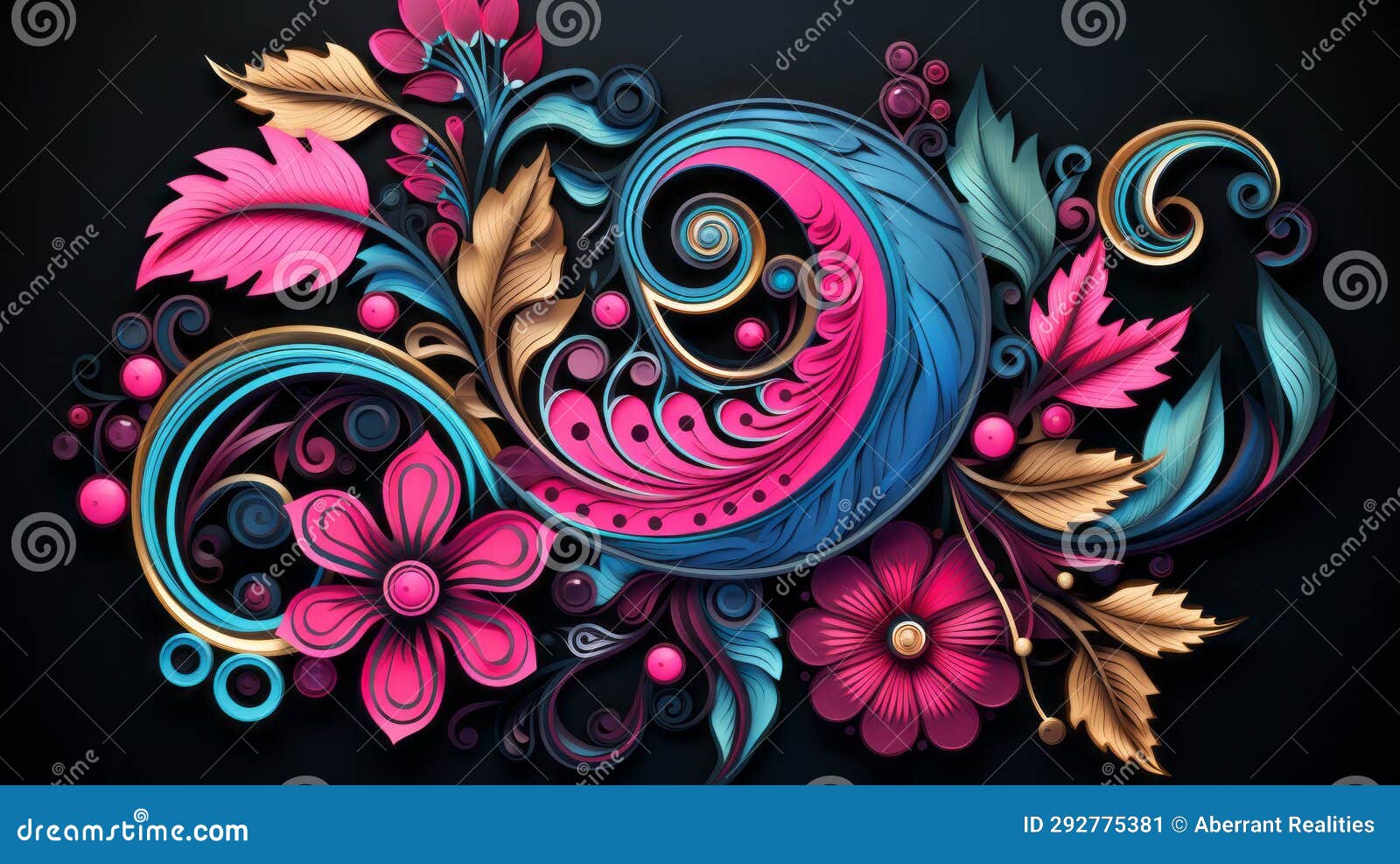 A Colorful Floral Design on a Black Background Stock Illustration ...