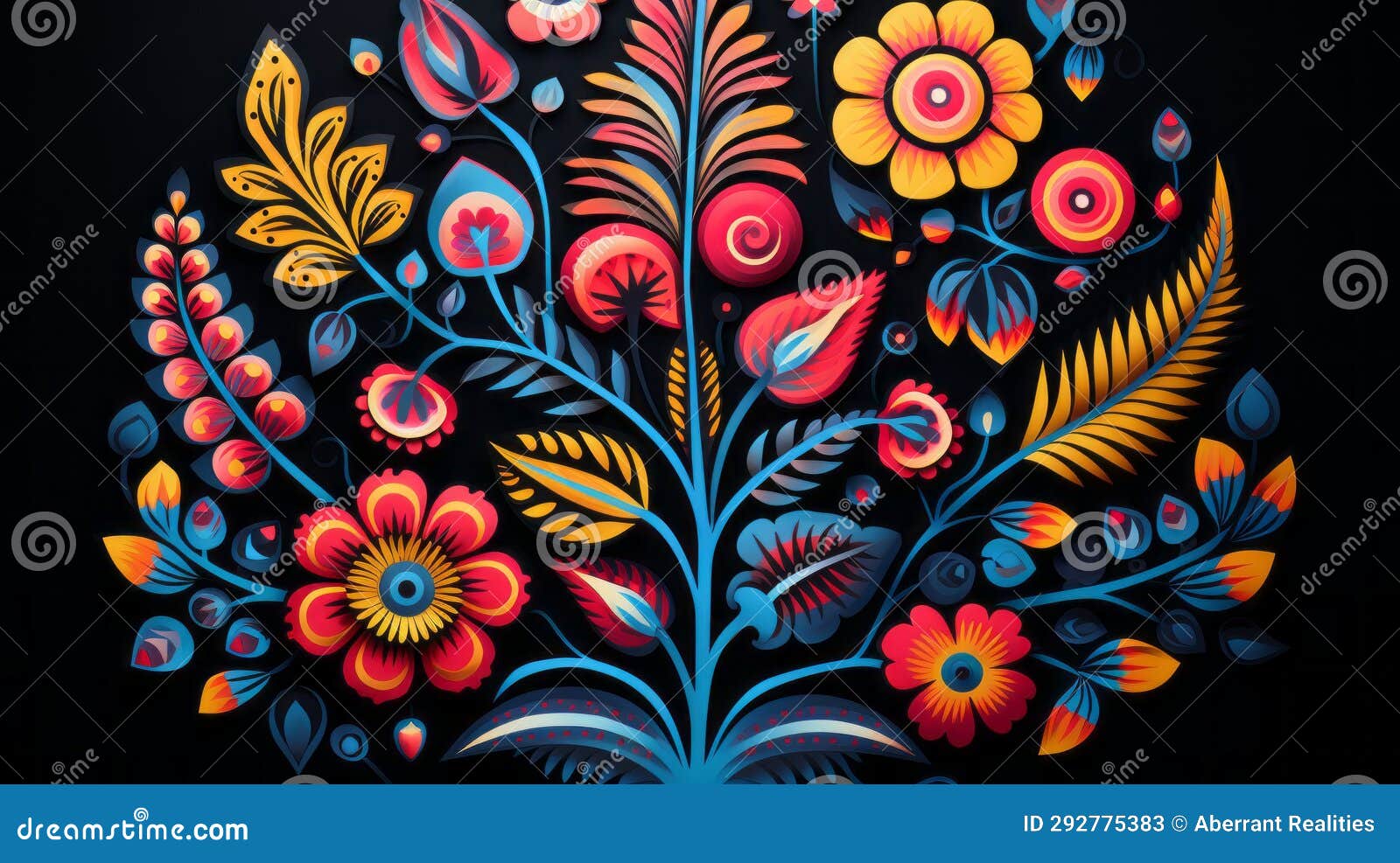 A Colorful Floral Design on a Black Background Stock Illustration ...