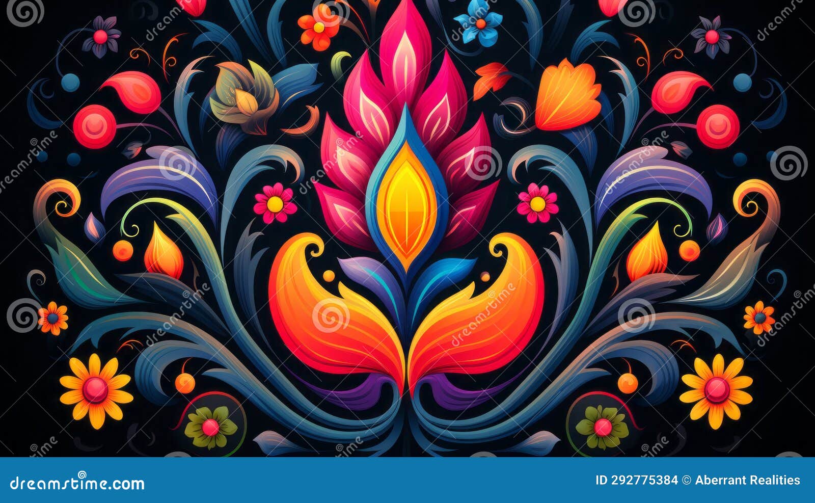A Colorful Floral Design on a Black Background Stock Illustration ...