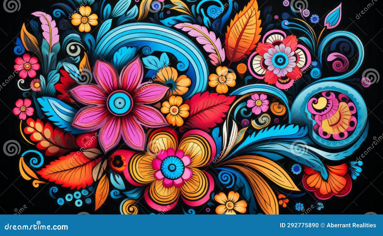 Colorful Floral Design on a Black Background Stock Illustration ...