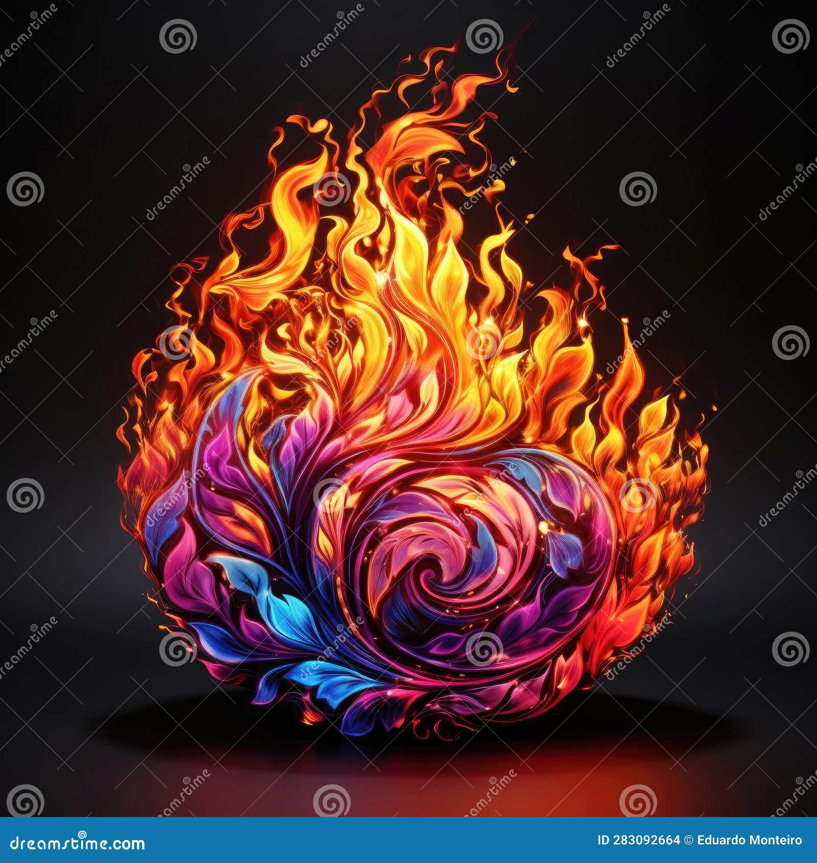 Colorful Floral Flame with Flowing Red Flames on Black Stock ...