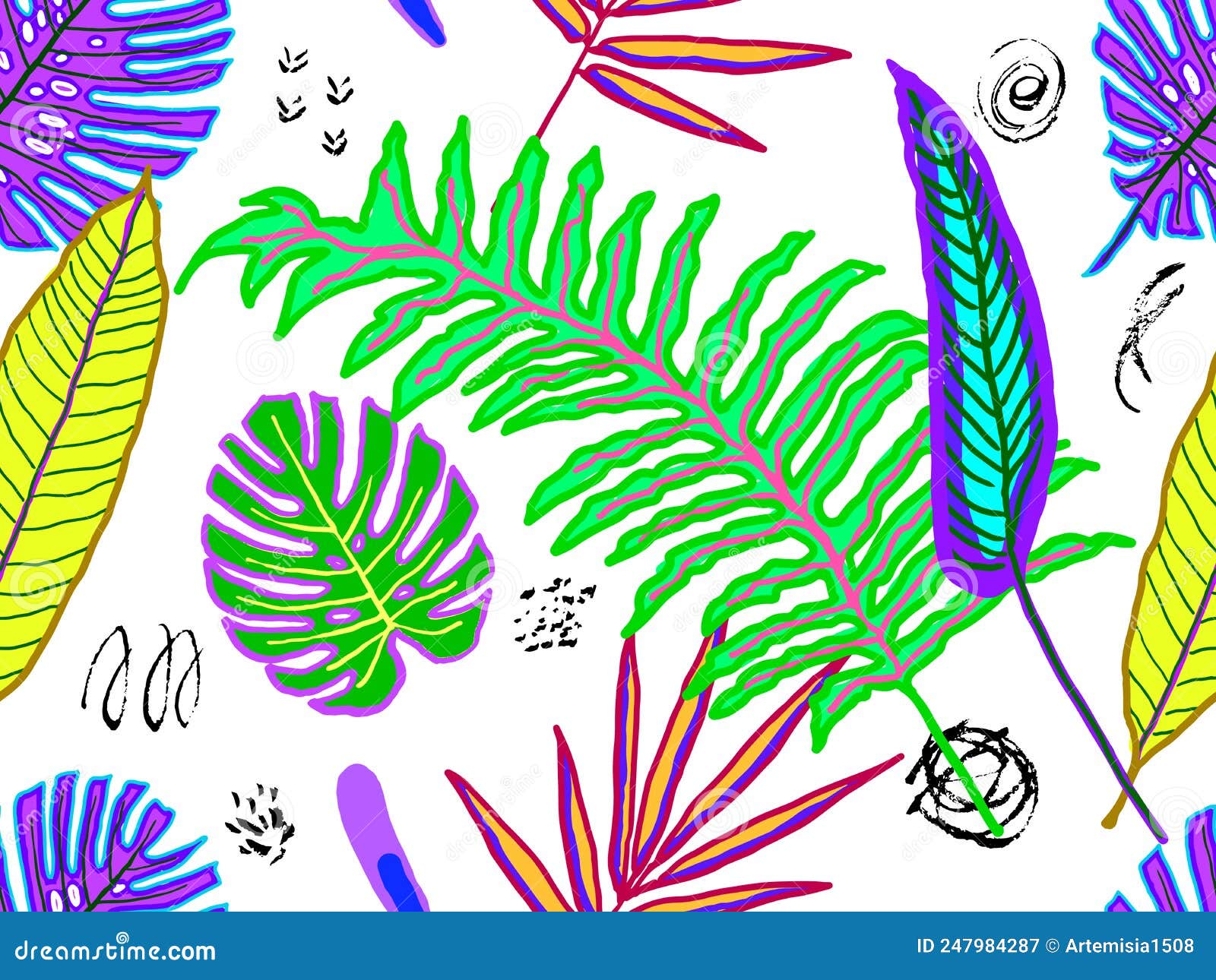 Colorful Floral Jungle Pattern. Seamless Pattern. Hand Drawn Style ...