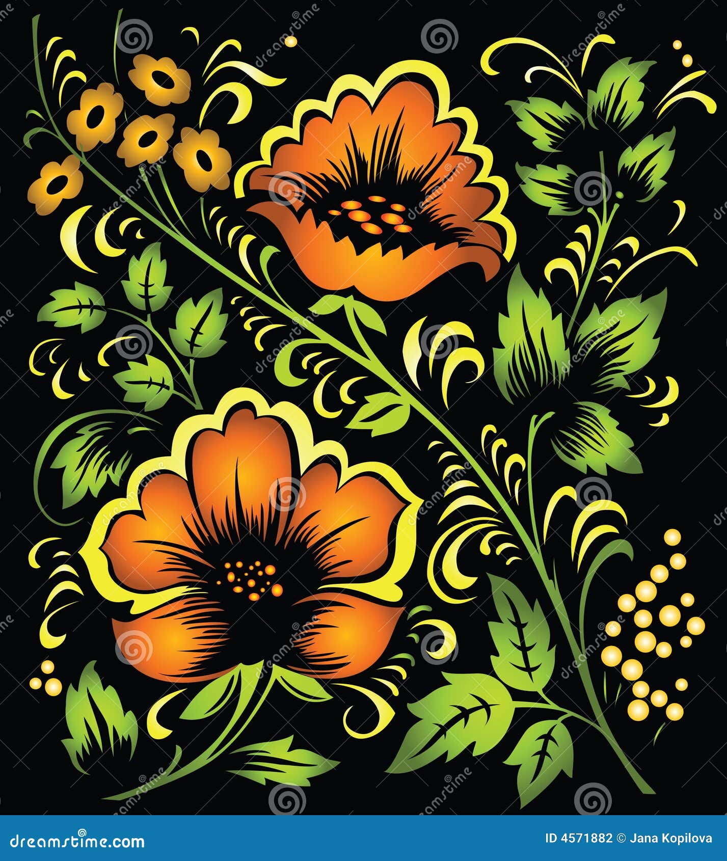 Colorful Floral Ornament Hohloma Stock Vector - Illustration of imagery ...