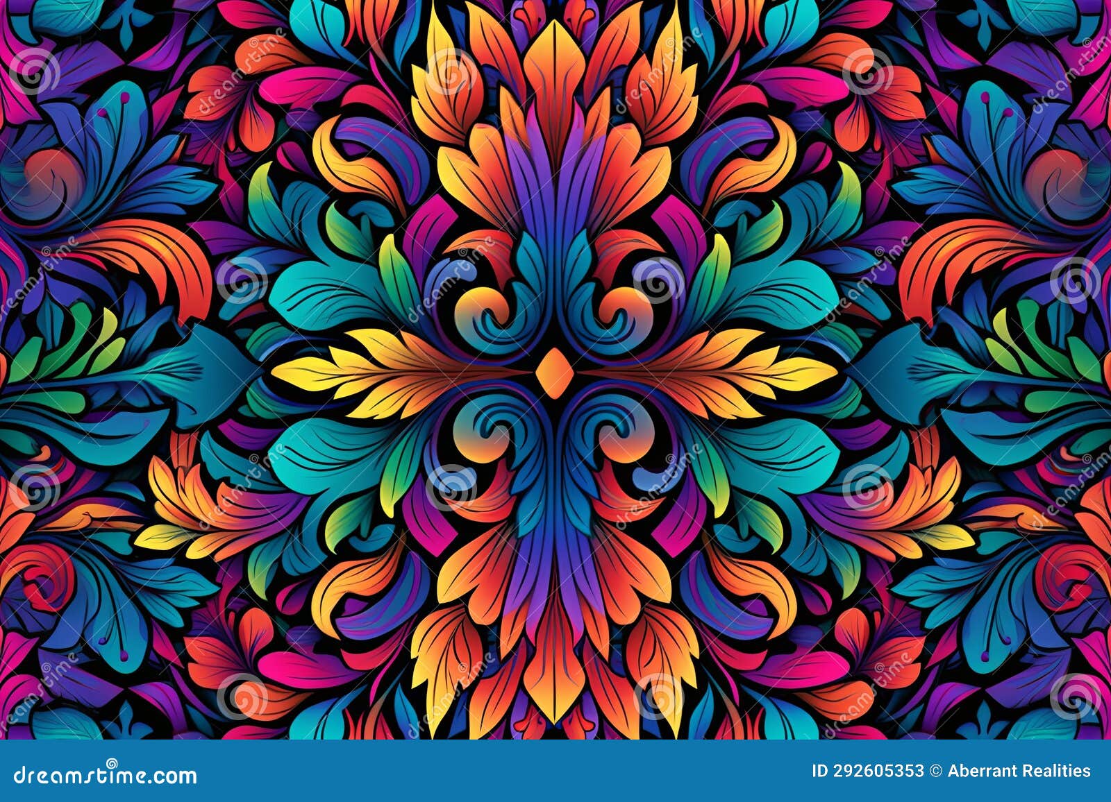 Colorful Floral Pattern with Multicolored Leaves on a Black Background ...