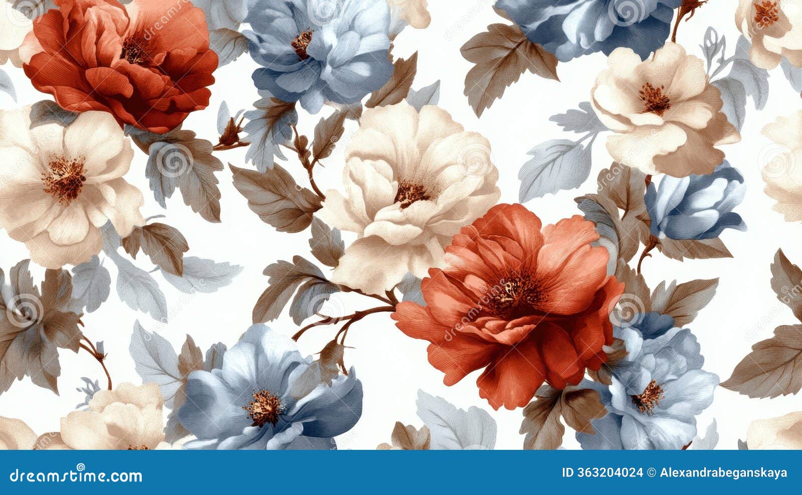 Colorful Floral Pattern with Red, Blue, and Cream Flowers on Light ...