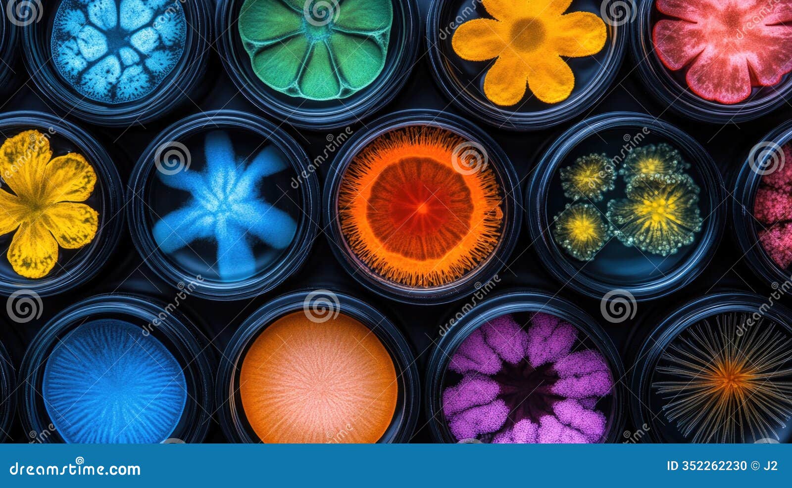 Colorful Floral Patterns in Circular Containers Display Variety and ...