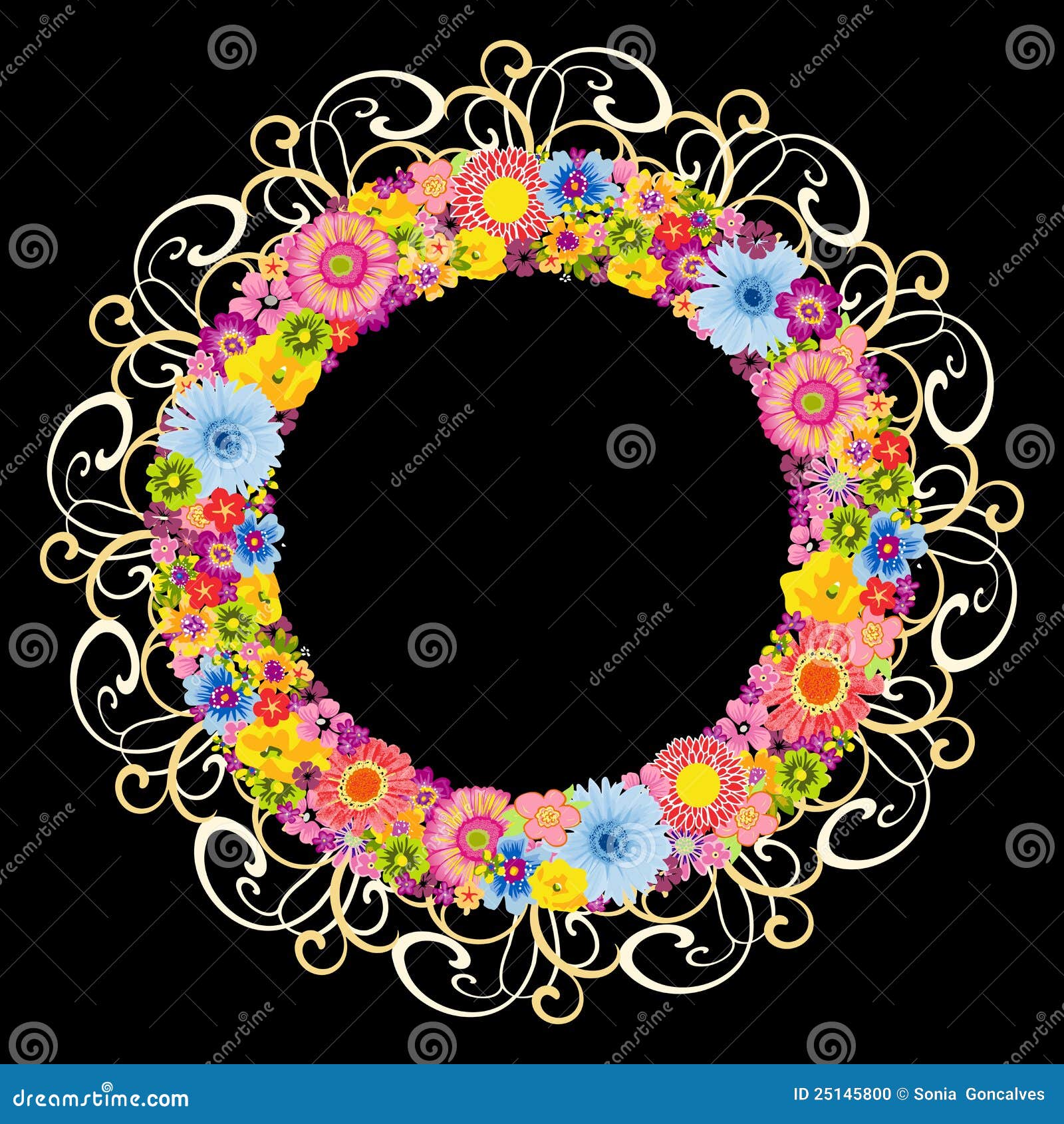 Colorful Floral Round Frame on Black Background Stock Vector ...